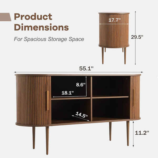 Mercer41 55.1" Storage Cabinet with Tambour Doors and Shelves, Fluted Sideboard Buffet Cabinet ...